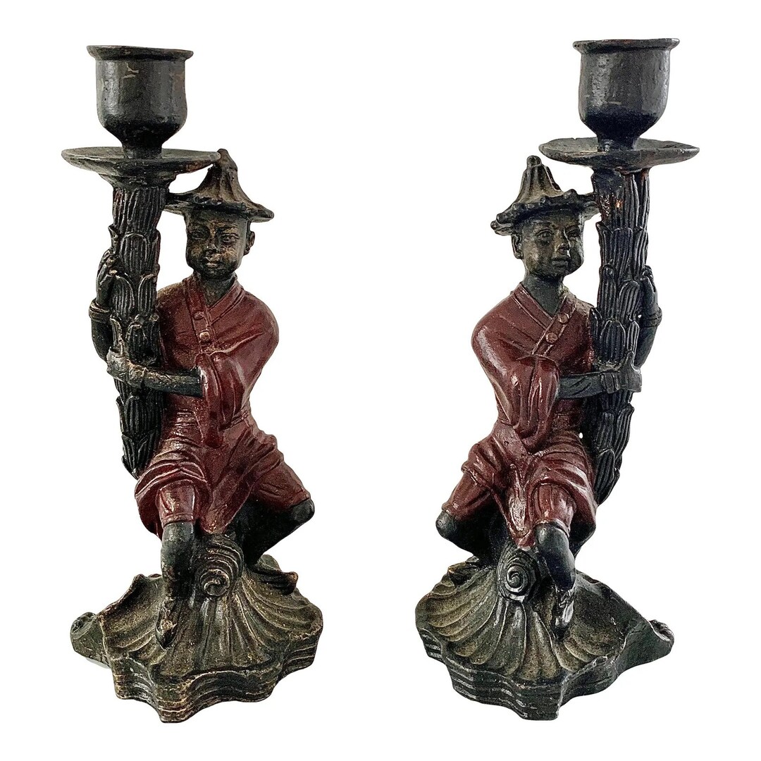 Chinoiserie Cast Iron Figurative Candle Holders Pair - Etsy