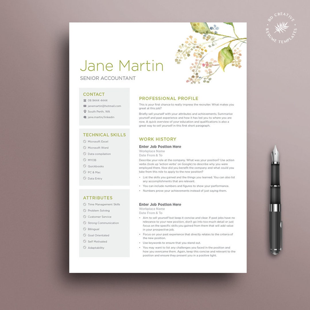Watercolour Resume Template 2 | Boho, Modern, Professional, Boutique ...