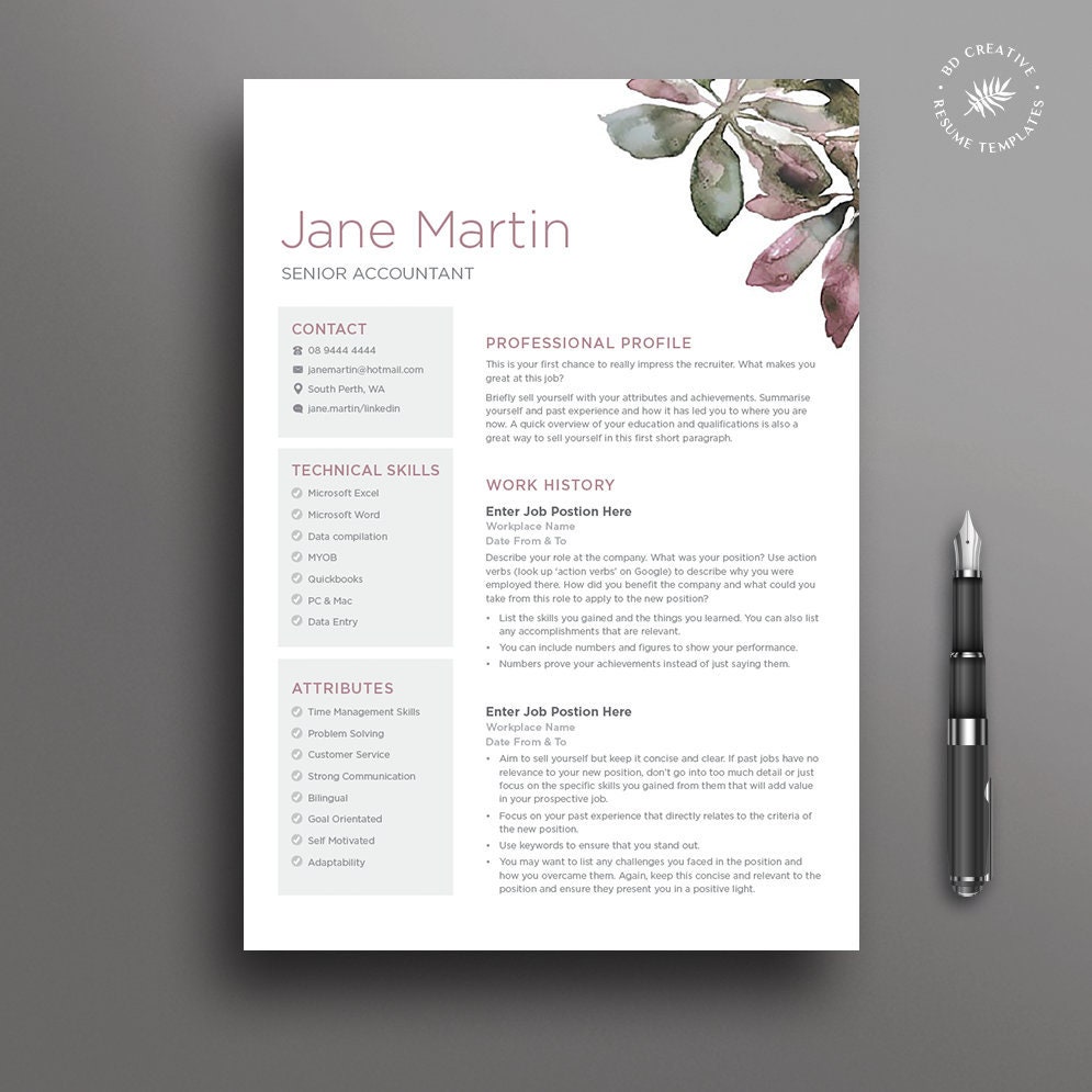 Watercolour Resume Template 6 Watercolour Boho Modern | Etsy