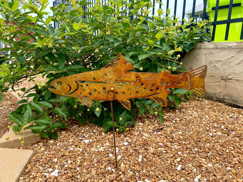 Rustic Metal Trout Fish Garden Decoration- Unique Yard Art- Gift for ...