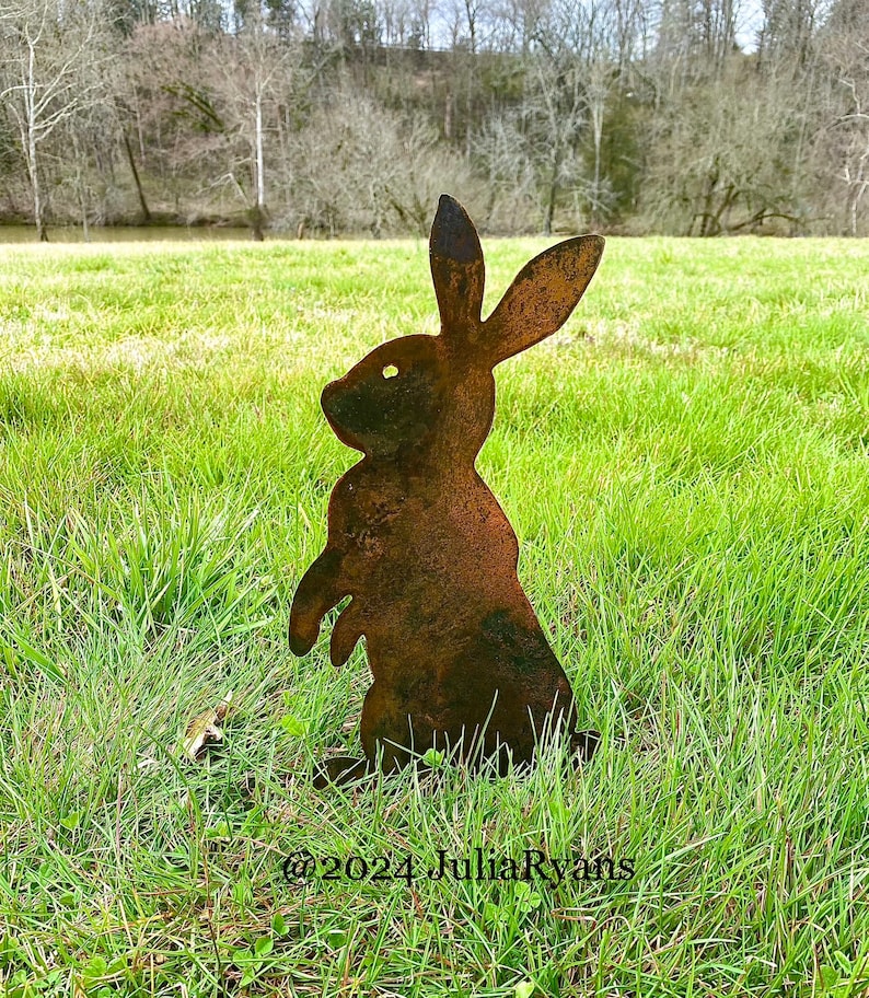 Rustic Metal Standing Rabbit Yard Art With Stake- Steel Bunnies- Metal ...