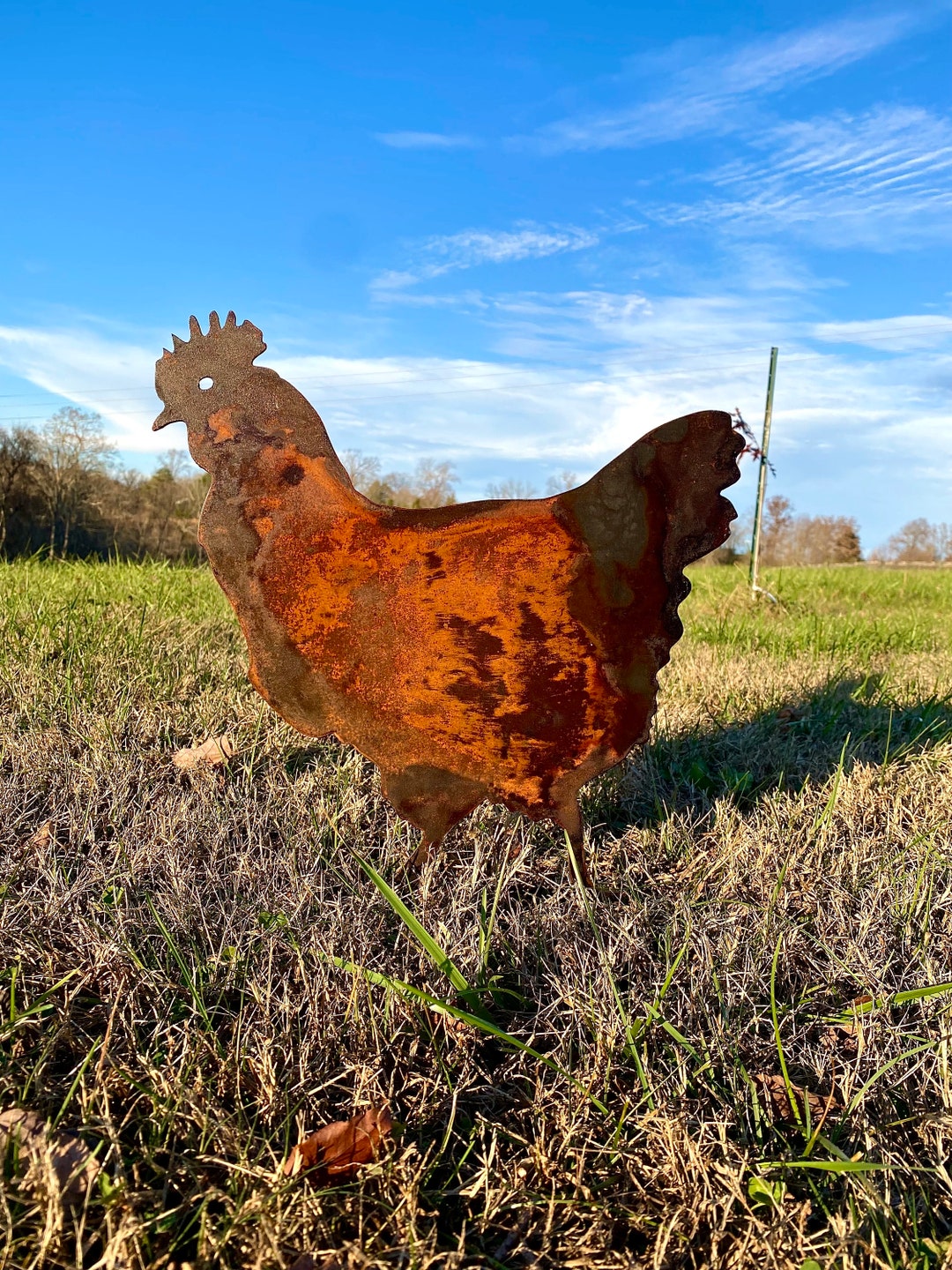 Rustic Metal Chicken With Stakes Yard Art- Outdoor Metal Art- Farmhouse ...