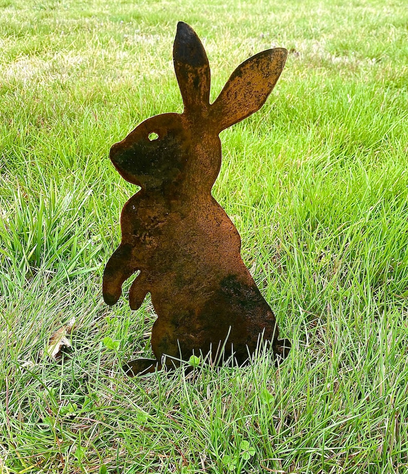 Rustic Metal Standing Rabbit Yard Art With Stake- Steel Bunnies- Metal ...