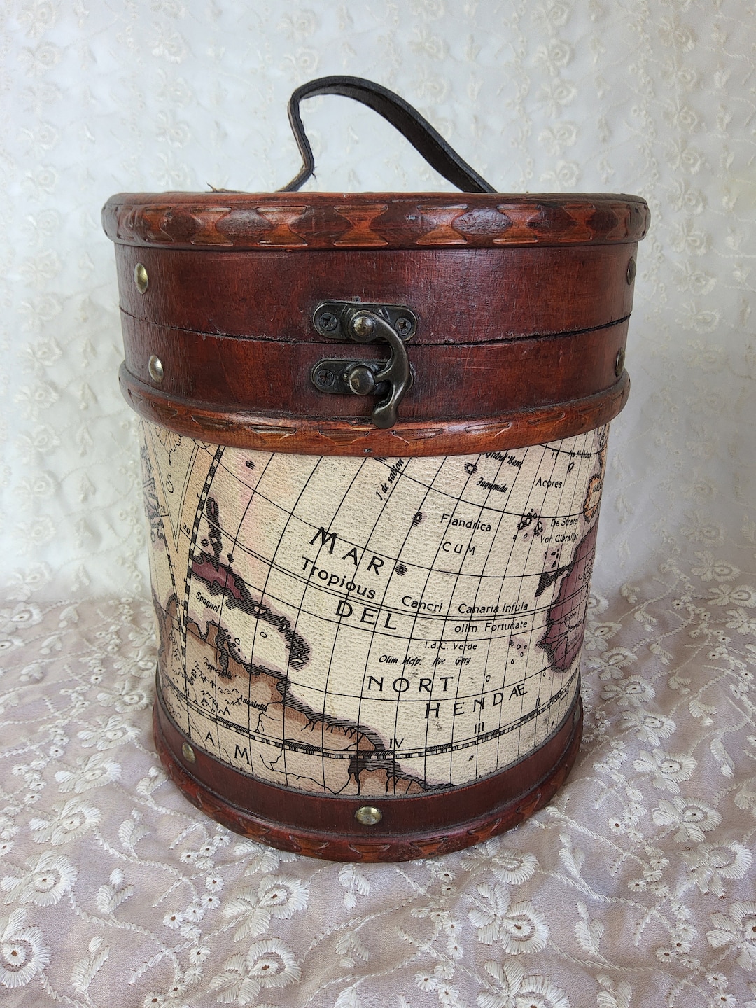 Vintage Cylindrical Wood Storage Box With World Map Design 9 Tall. - Etsy