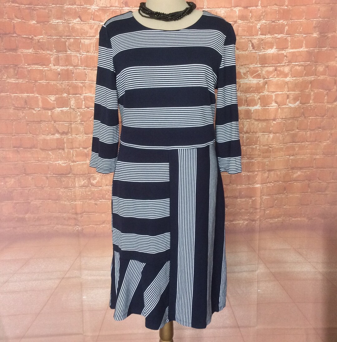 Vintage Phase Eight Dark Navy Blue and White Striped Dress UK Size 14 ...