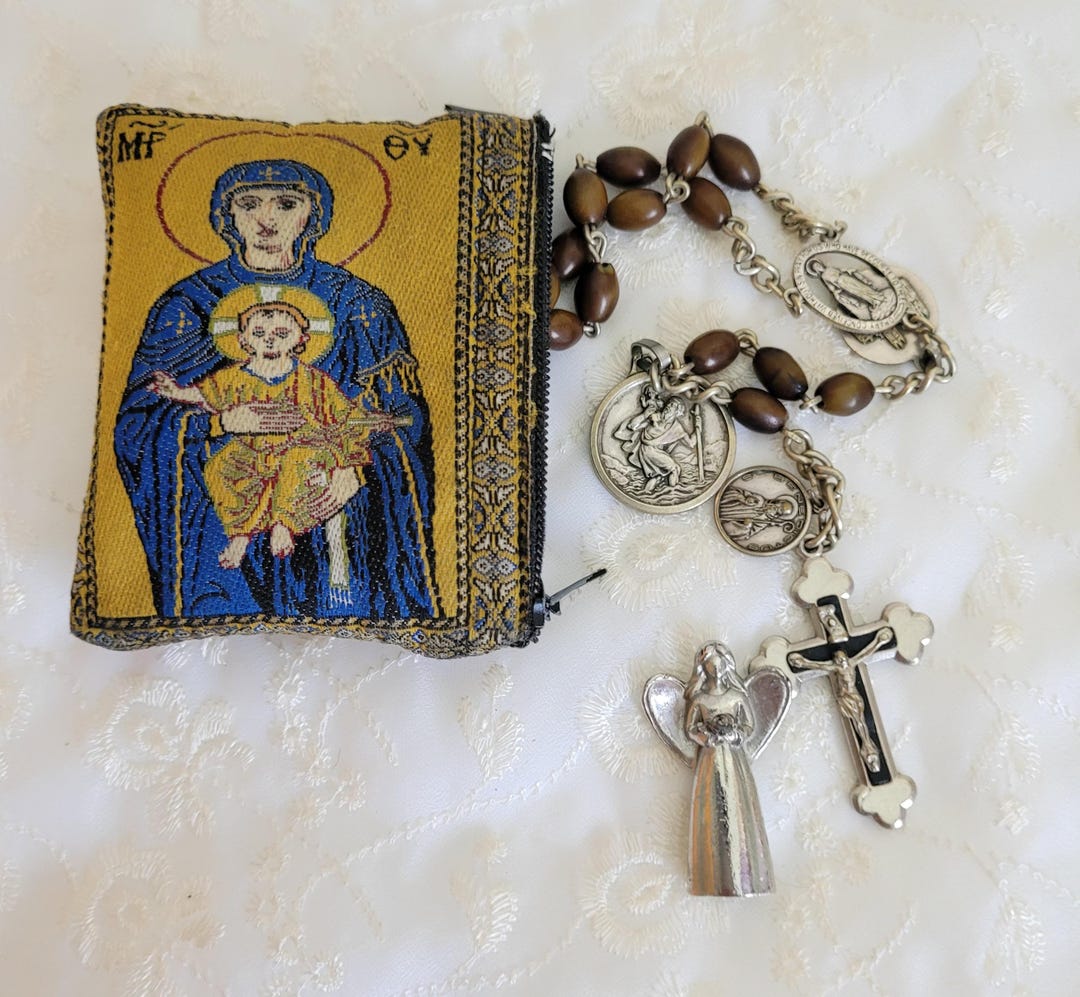 Vintage Maple Wooden Beads Rosary With Lots of Charms in Canvas Mary ...