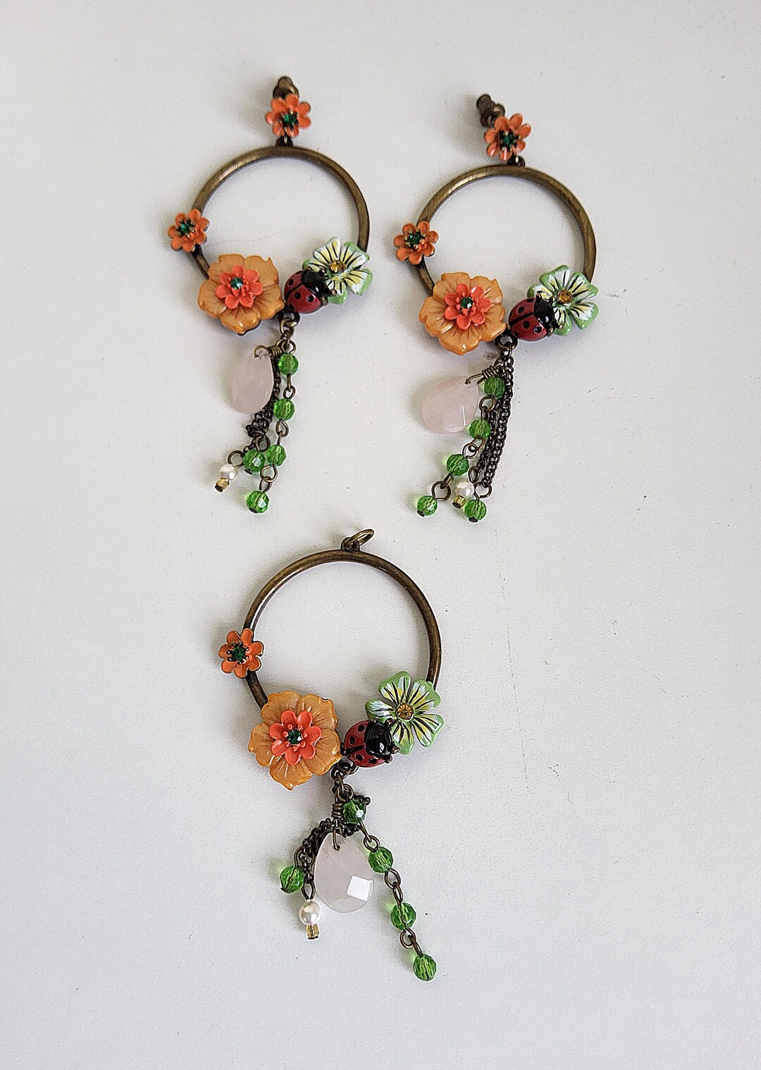 Enamel Floral and Ladybird Matching Earrings and Pendant Set. - Etsy