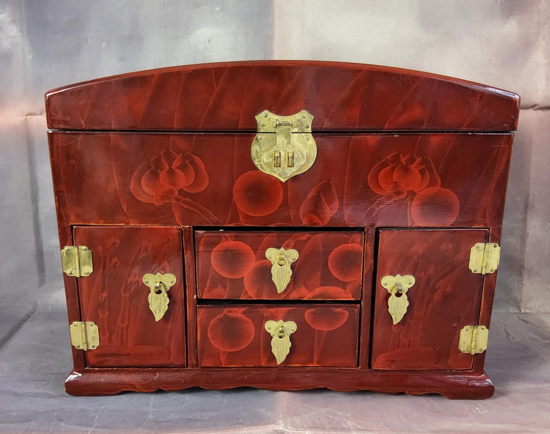 Large Vintage Chinese Jewellery Box With Red Satin Inlaid Drawers and ...