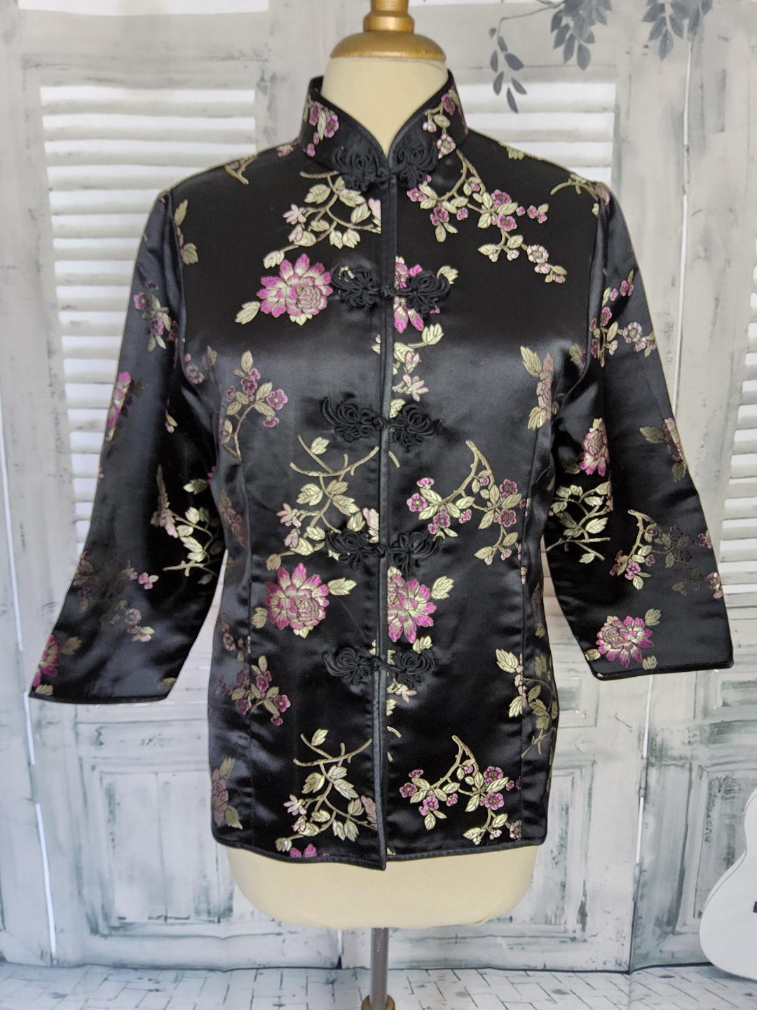 Vintage Ming Dynasty Chinese Brocade Jacket 34" Bust in Black, Gold and ...