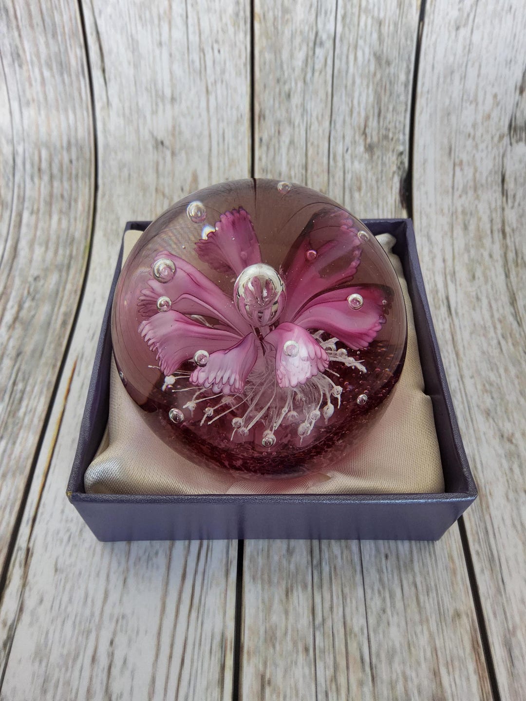 Calandra Pink Lilly With Bubbles Glass Art Paperweight. - Etsy