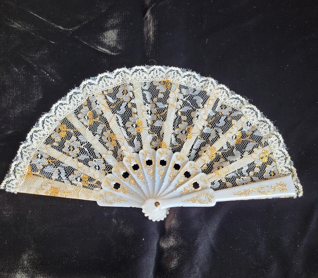 Late 1800s Little Ladies Hand Held Fan. Embroidered White and Gold Lace ...