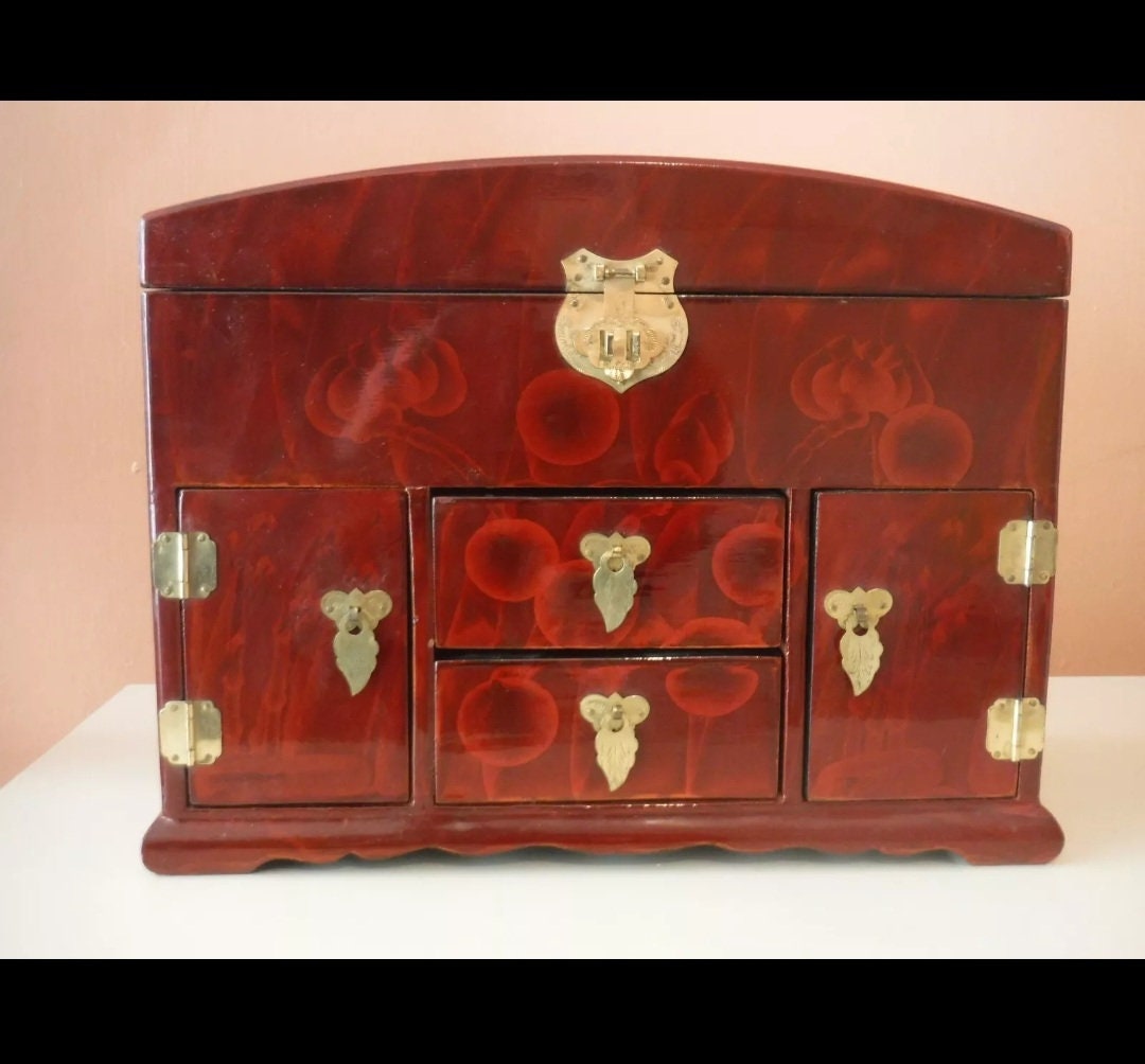 Large Vintage Chinese Jewellery Box With Red Satin Inlaid Drawers and ...