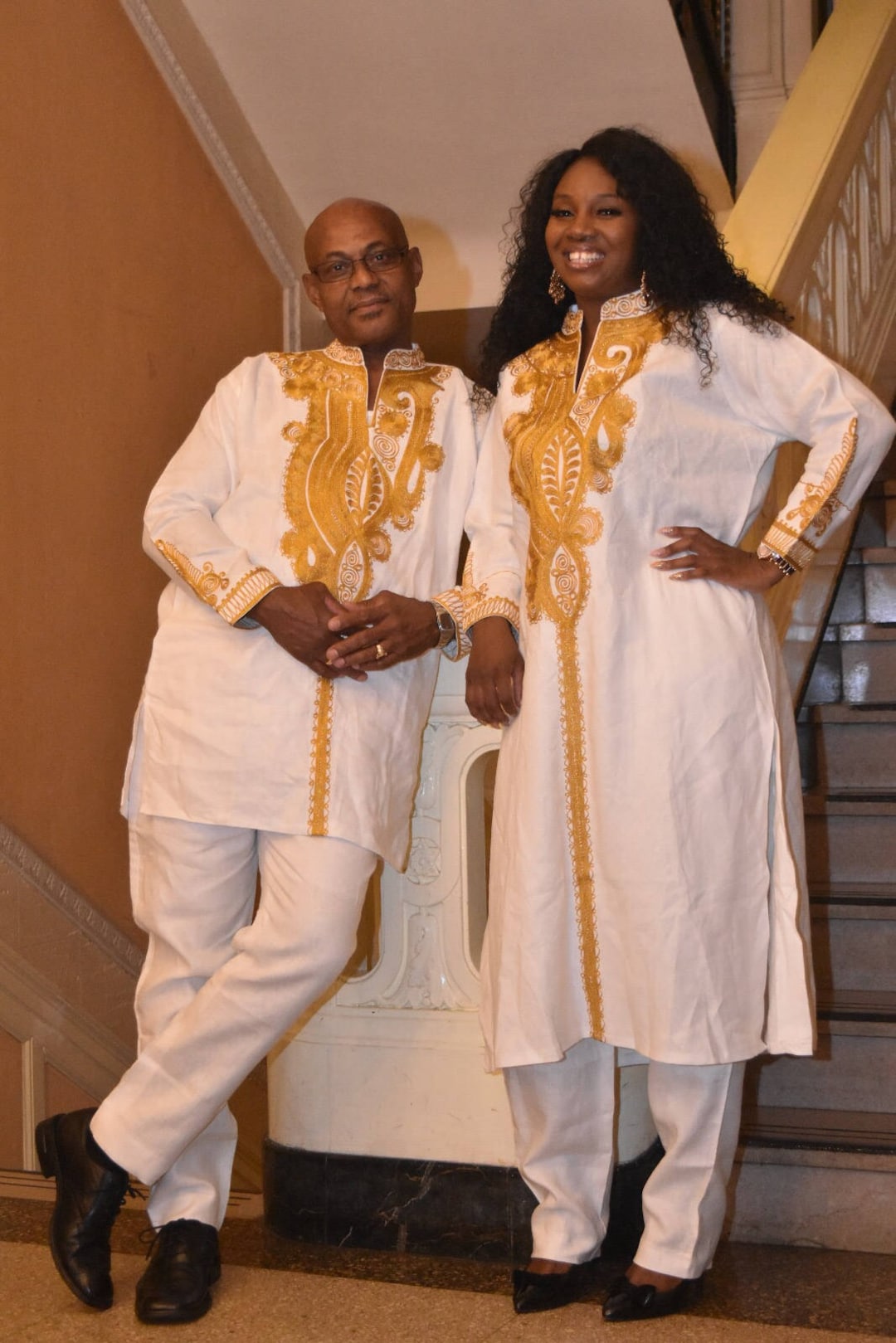 Couples Set White Polished Cotton Couples Outfit With Gold Embroidery ...