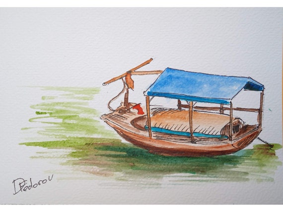 Traditional Asian Fishing Boat Original Handmade Postcard - Etsy