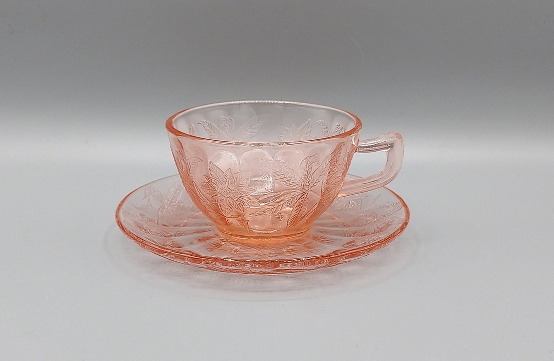 Pink Floral Depression Glass Cup and Saucer - Etsy