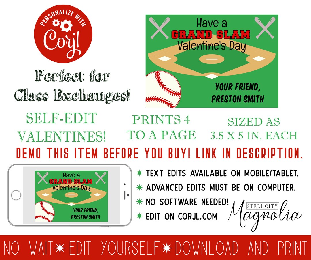 Editable Baseball Valentine Printable, Sports, Personalized Digital ...