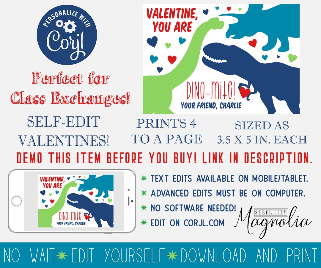Editable Dinosaur Valentine Printable, Dinomite Valentines, Class ...