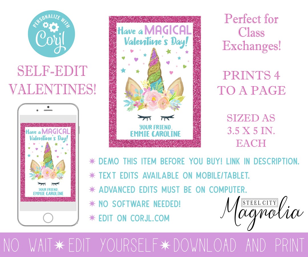 Editable Unicorn Valentine Printable, Watercolor, Glitter, Floral ...
