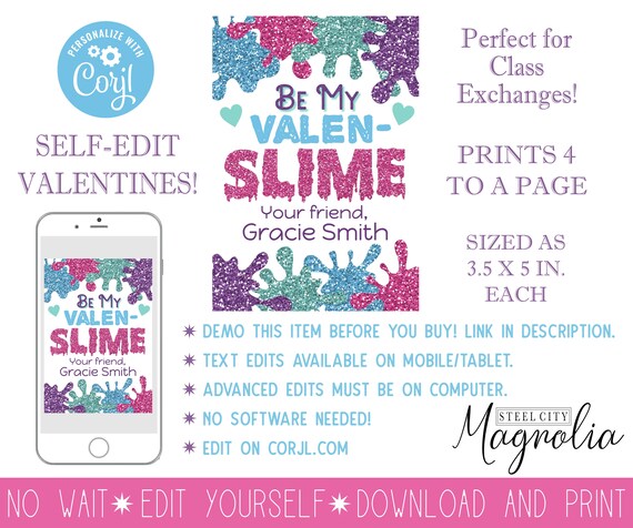 Editable Glitter Slime Valentine Printable Valen Slime | Etsy