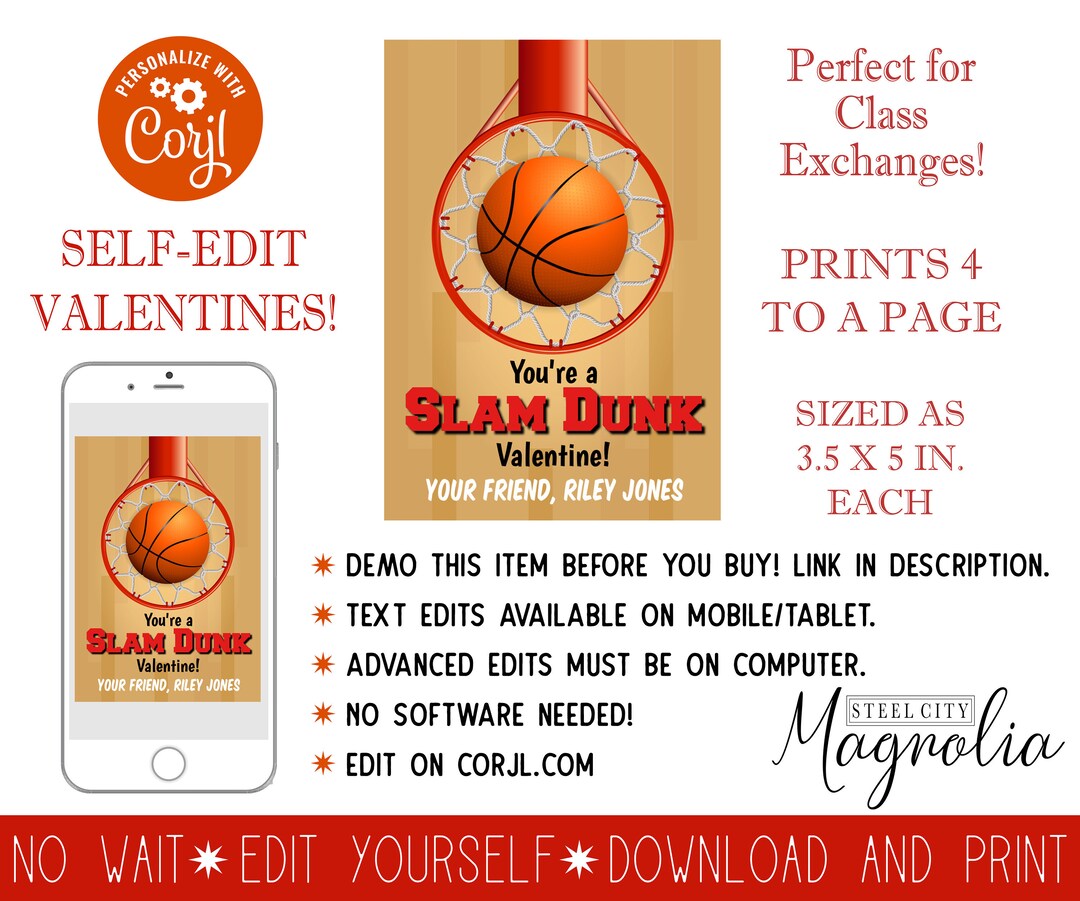 Editable Basketball Valentine Printable, Sports, Personalized Digital ...