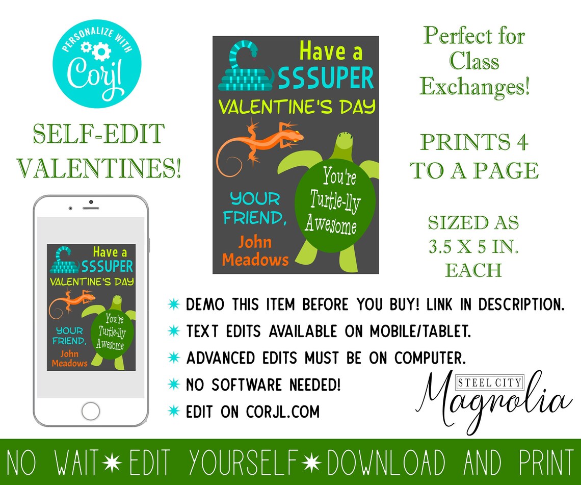 Editable Reptile Valentine Printable Snake Turtle Lizard | Etsy