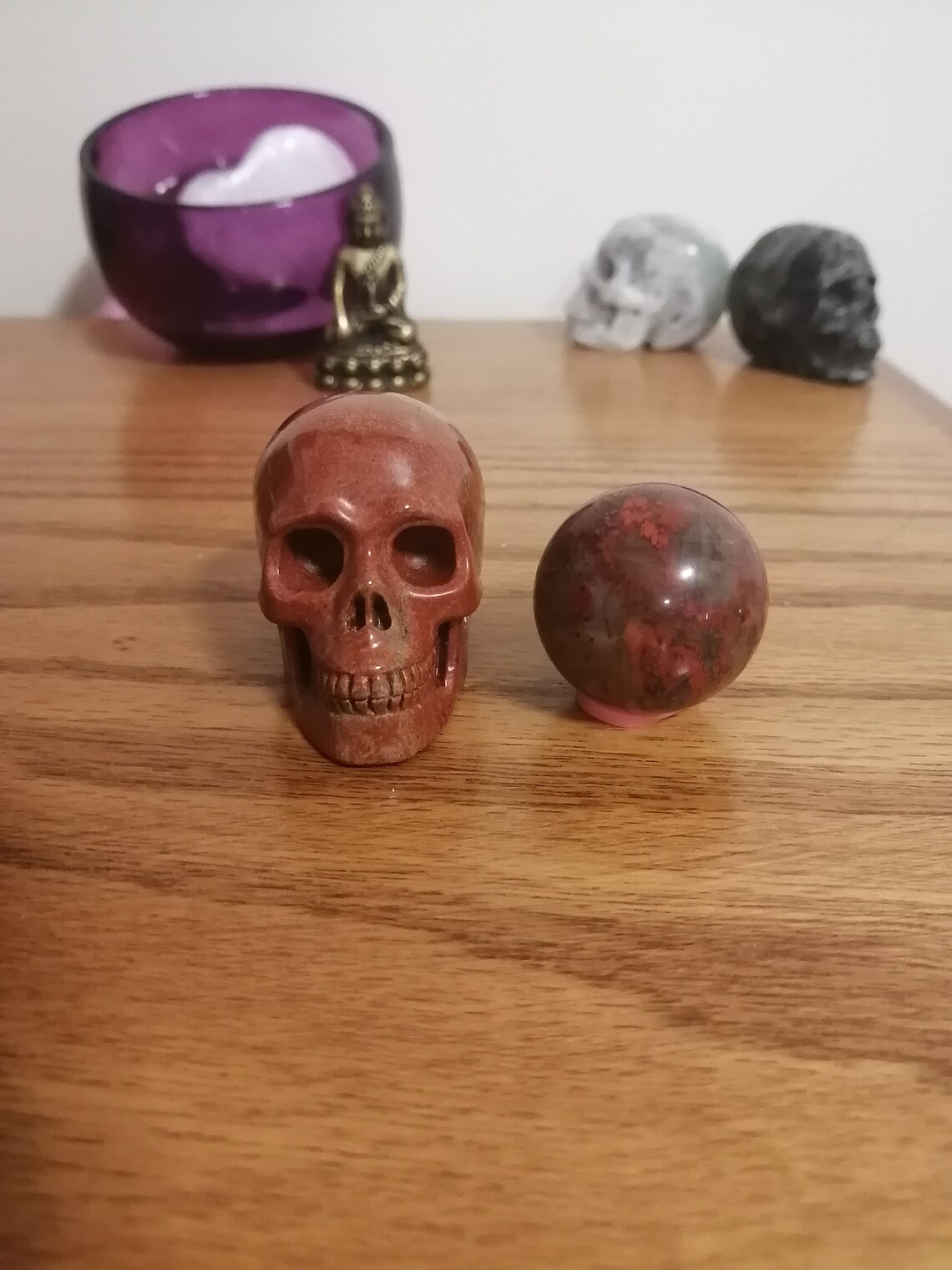 2" Red Jasper Skull + Brecciated Jasper Sphere in Magnetic Window Box ...