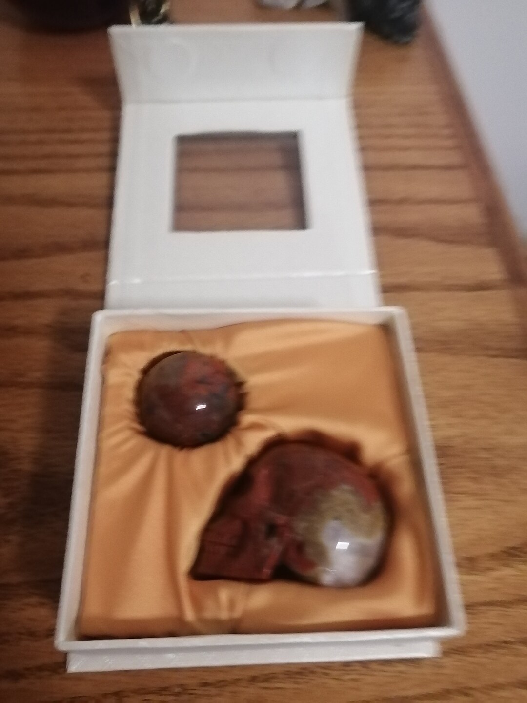 2" Red Jasper Skull + Brecciated Jasper Sphere in Magnetic Window Box ...