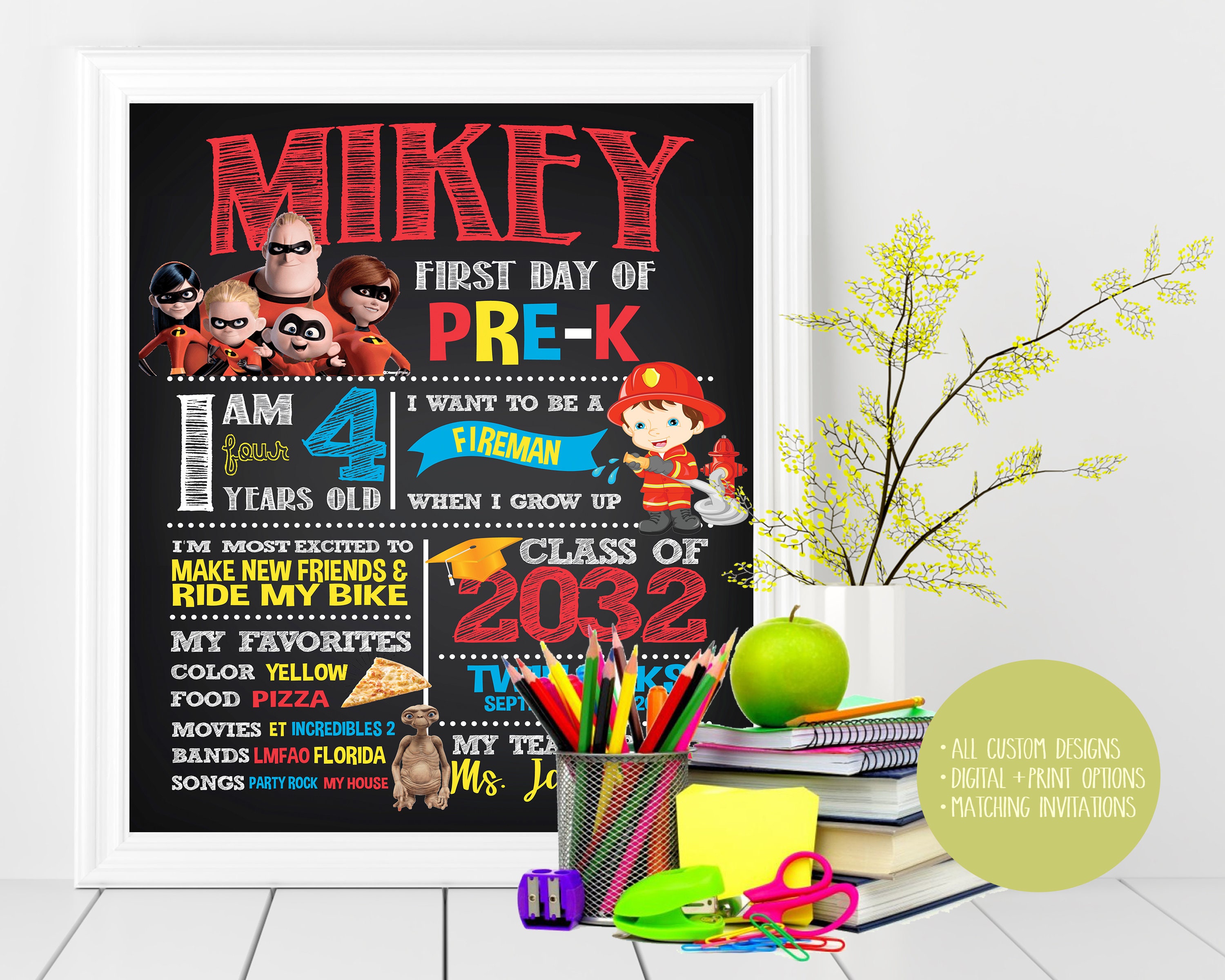 First Day of School Pre-k Kindergarten Grade School Custom - Etsy