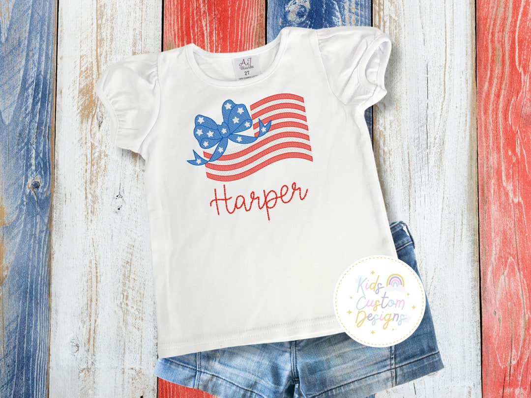 Girls 4th of July Flag Shirt, Custom Embroidered 4th of July Tee, Girl ...