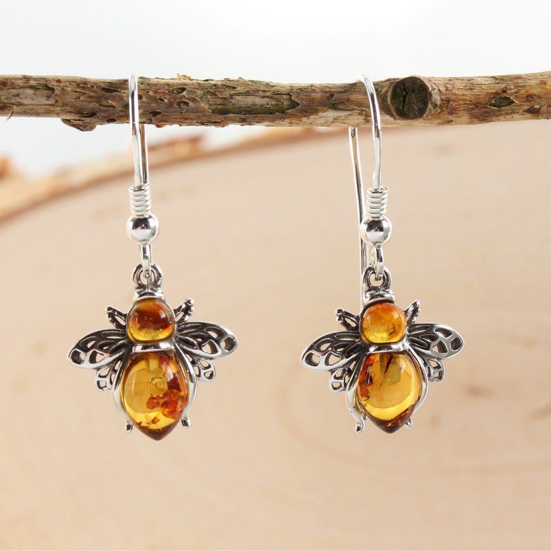 Sterling Silver HONEY Baltic Amber Bee Drop Earrings, Beautiful Amber ...