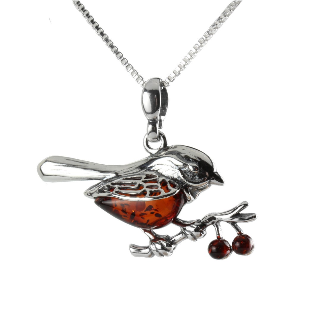 Sterling Silver Baltic Amber Robin Bird Pendant and Chain, Beautiful ...