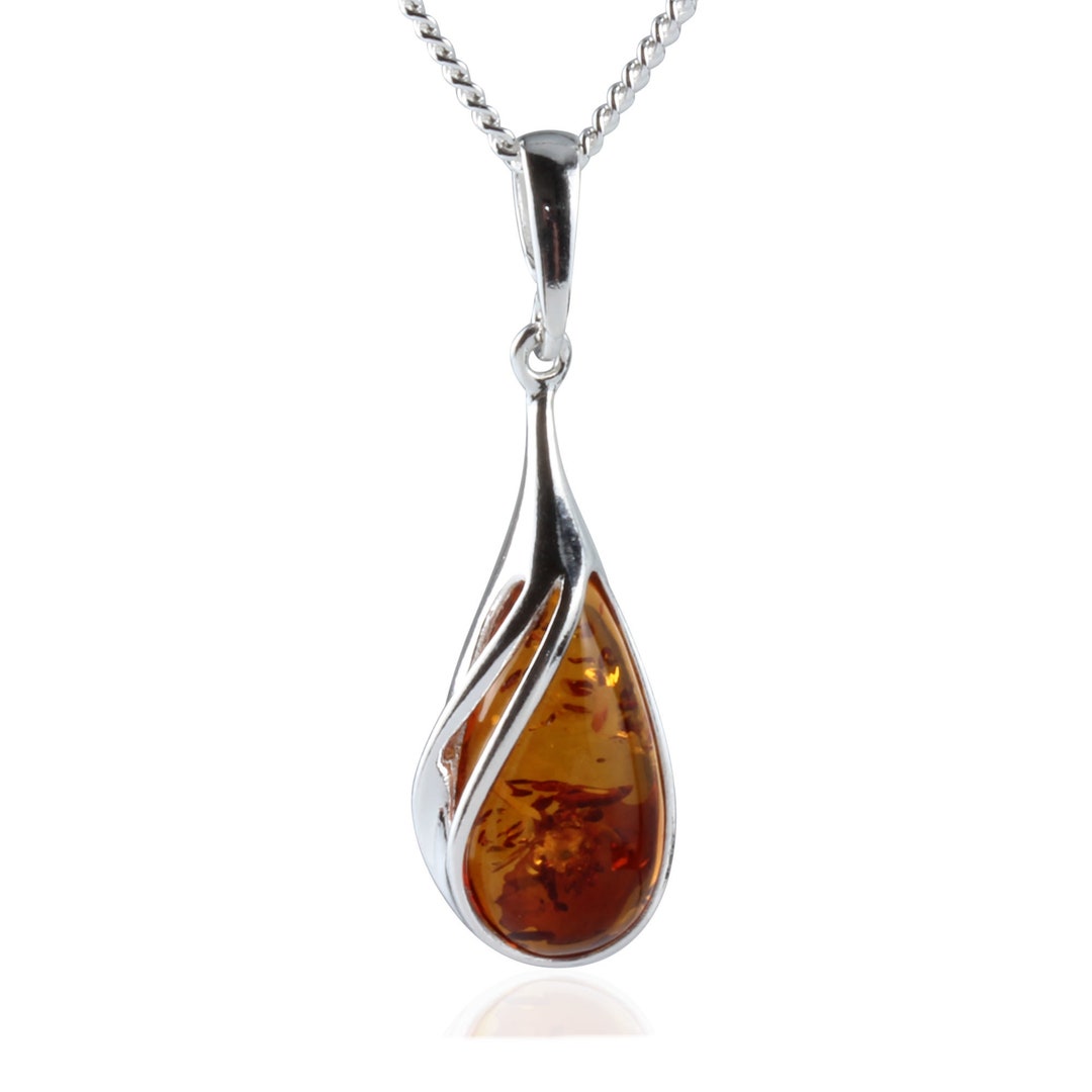 Sterling Silver Baltic Amber Pear Drop Pendant and Chain, Beautiful ...