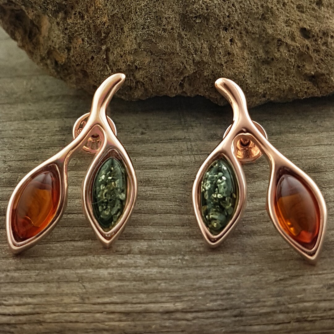 Sterling Silver Rose Gold Plated Baltic Honey, and Green Amber Leaf ...
