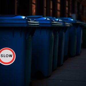 REFLECTIVE Slow Wheelie Bin Road Safety Sign Self Adhesive Sticker 15cm ...