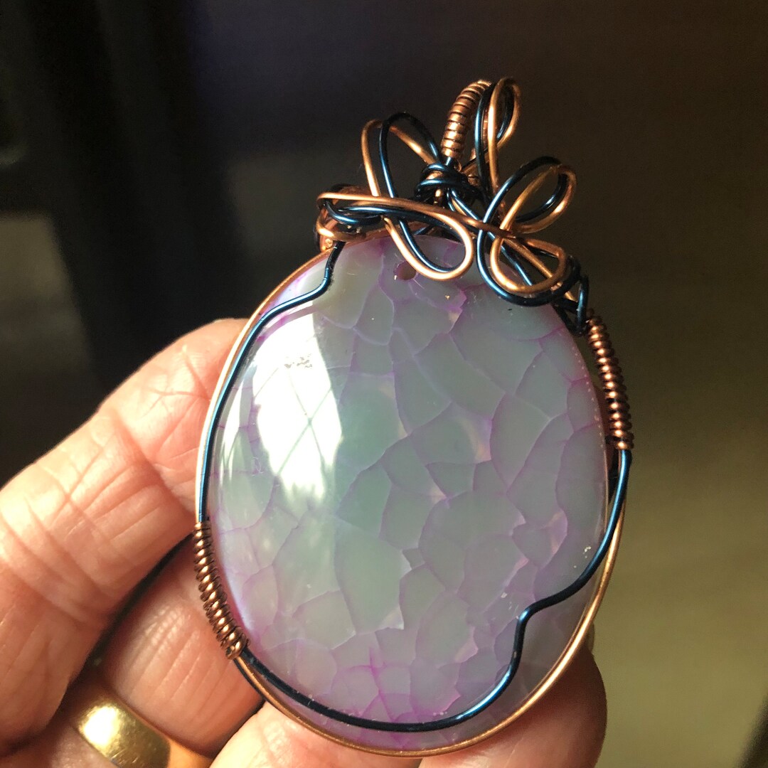Copper and Blue Wire Wrapped Gray Agate Cabochon With Touches of Pink ...
