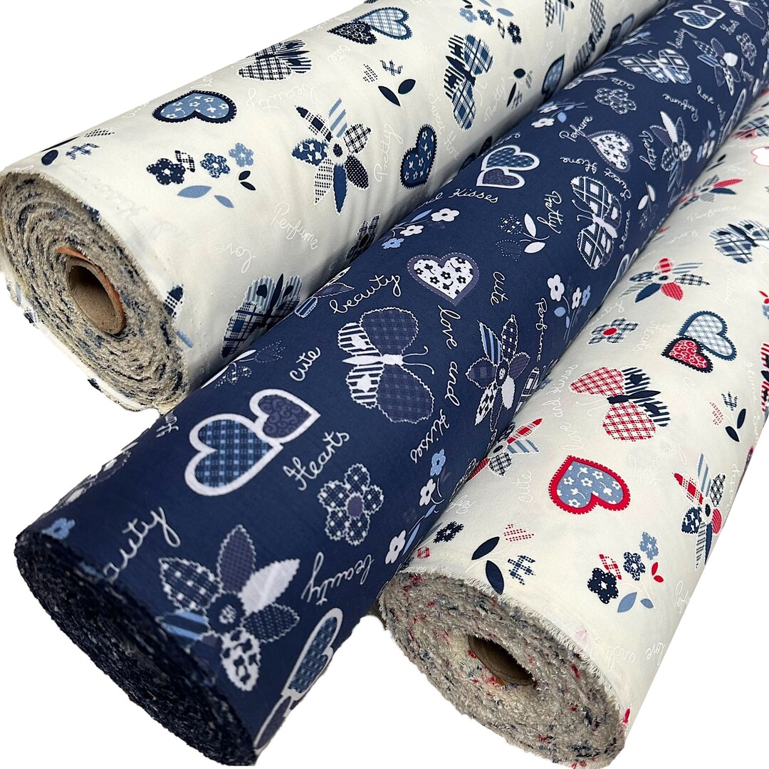 Polycotton Fabric Patchwork Figure Design in Navy Blue Ivory Red 114cm ...