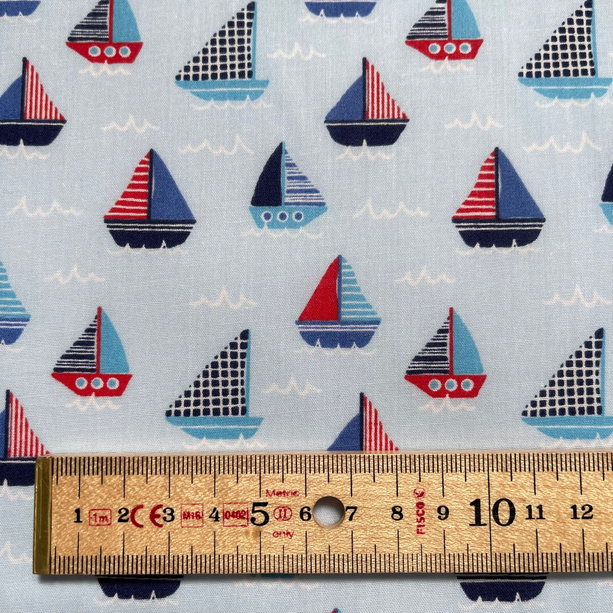 Polycotton Fabric Sail Boats Afloat * White Sky & Navy Blue Nautical ...