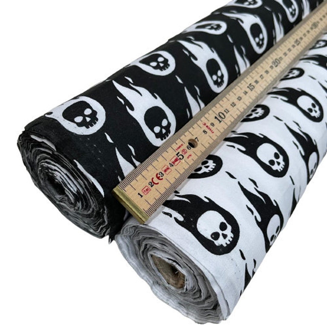 Flaming Skulls Raining Fire Poly Cotton Fabric - 2 Colours - Sold by ...