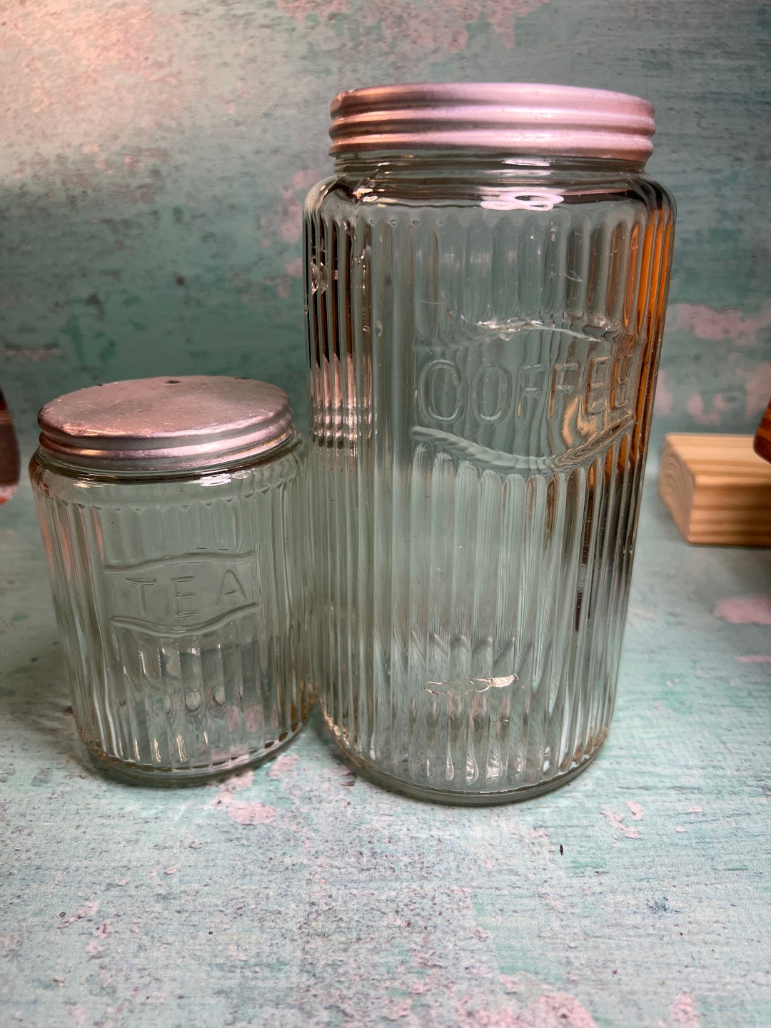 Antique Hoosier Cabinet Tea Jar and a Coffee Jar With Lid Ribbed ...