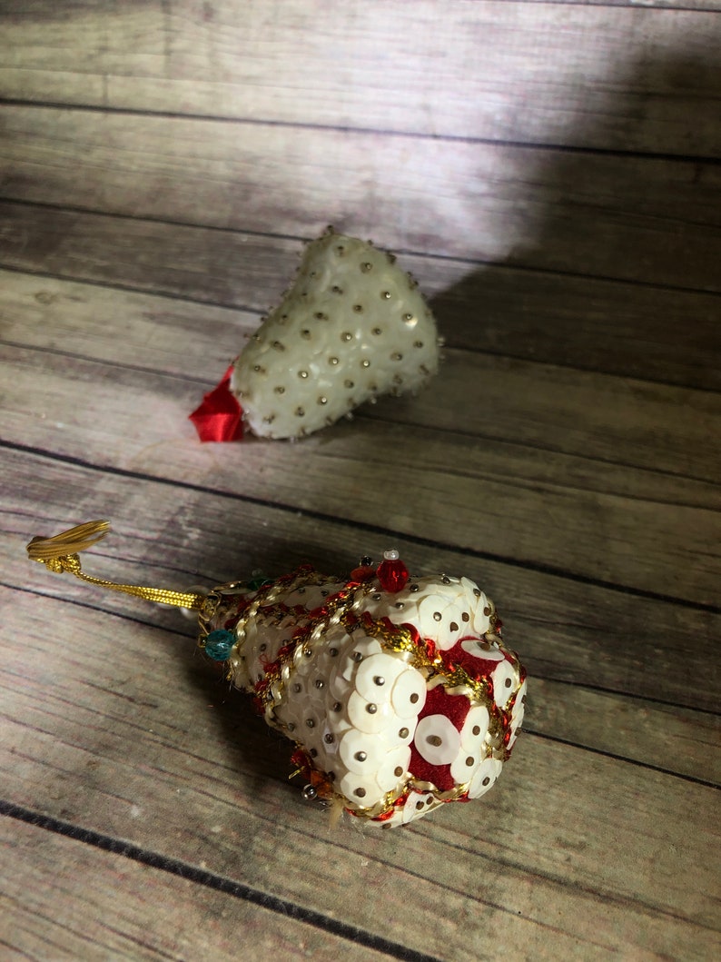 3 Vintage White Beaded Tree Bell and Round Ornament Handmade - Etsy