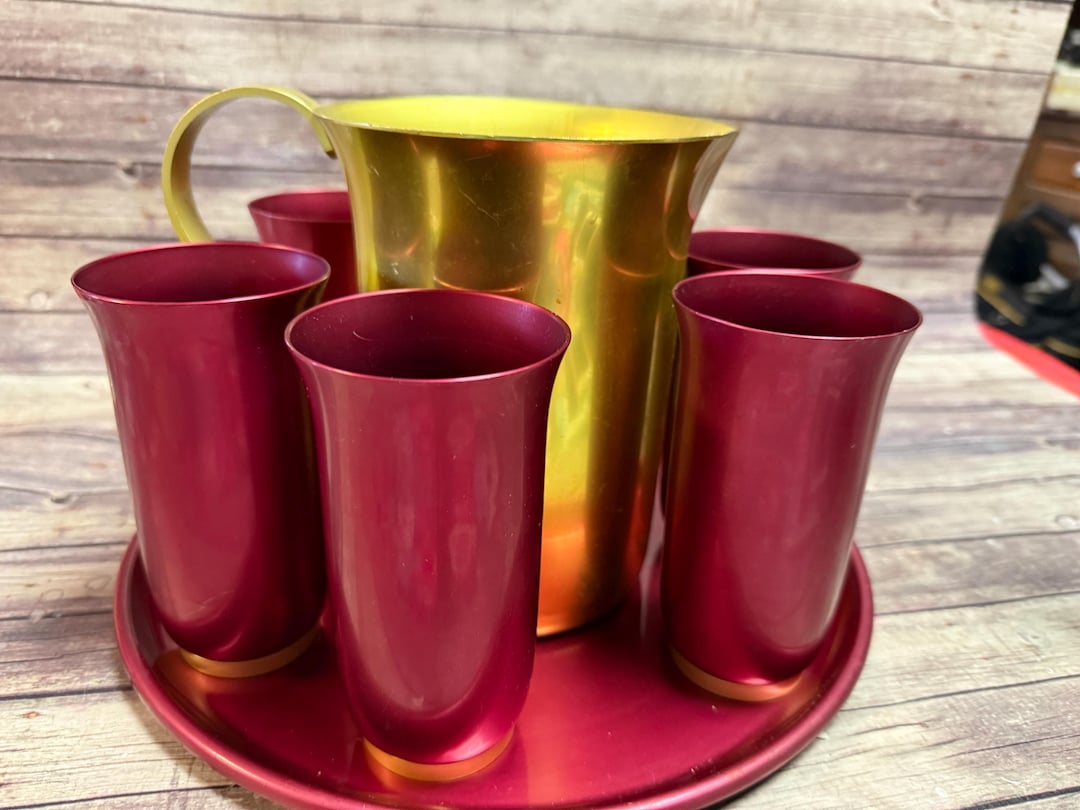 Set of Vintage Aluminum Tumblers With Tray and Pitcher Metal Cups Mid ...