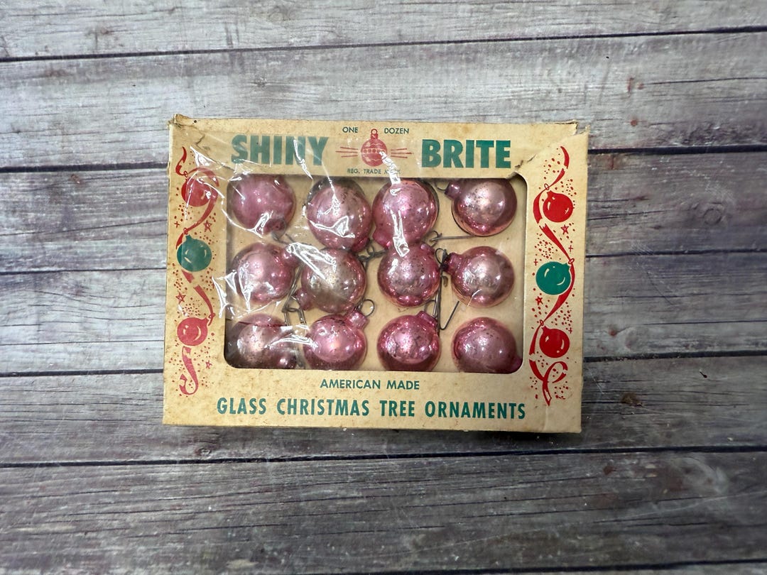 Vintage Shiny Brite Box of Small Pink Christmas Ornaments 12 Balls Are ...