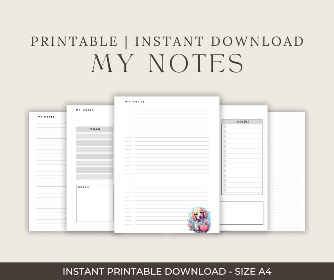 MY NOTES: 5 Printable Template - A4 Size Instant Printable Download - Etsy