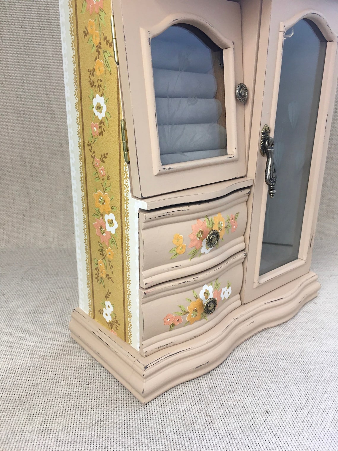 Vtg Floral Peach Beige Jewelry Box 60s 70s Inspired - Etsy