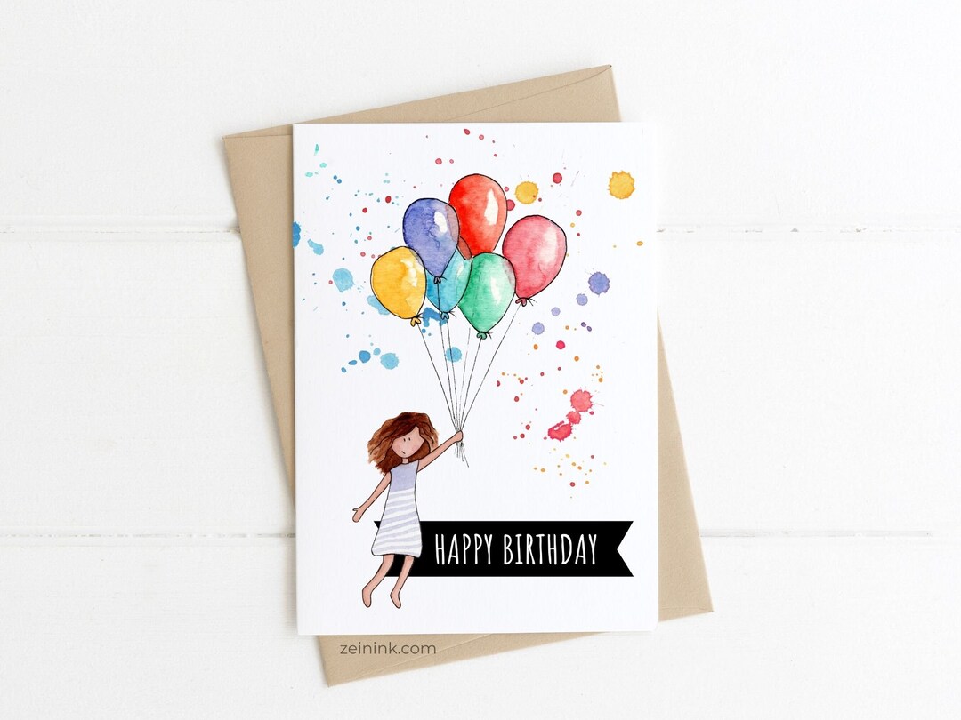 Balloons Happy Birthday Card Handpainted Little Girl - Etsy