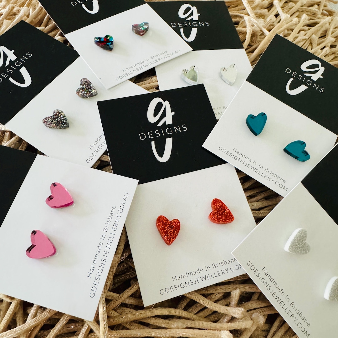 MINI HEART - Acrylic - Stud Earrings - Mini Size - Glitter or Mirror ...