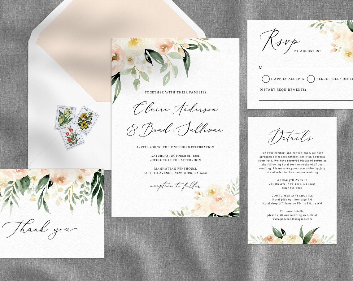 Blush & Ivory Floral Wedding Invitation Template Printable - Etsy
