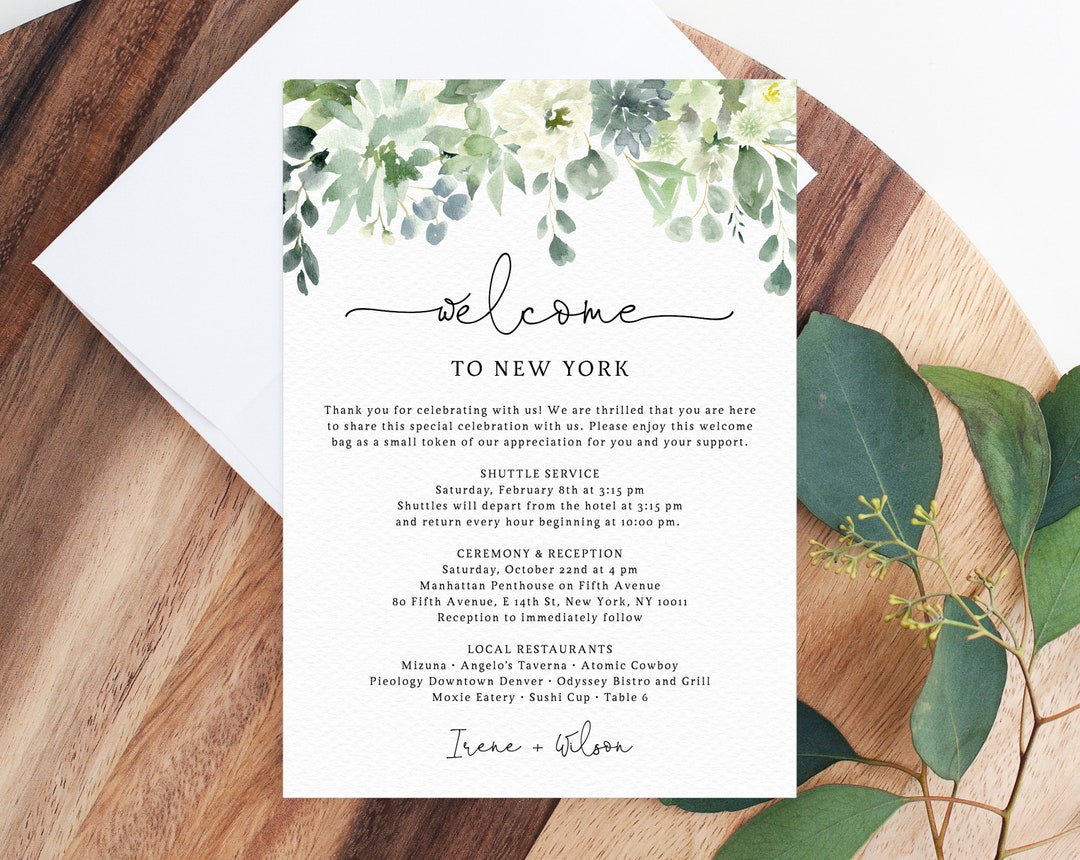Welcome Letter Template, Wedding Itinerary Card, Greenery Welcome Bag ...