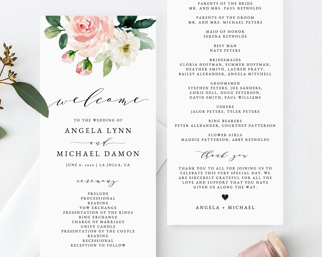 Floral Wedding Program Template, Printable Wedding Program, Blush ...