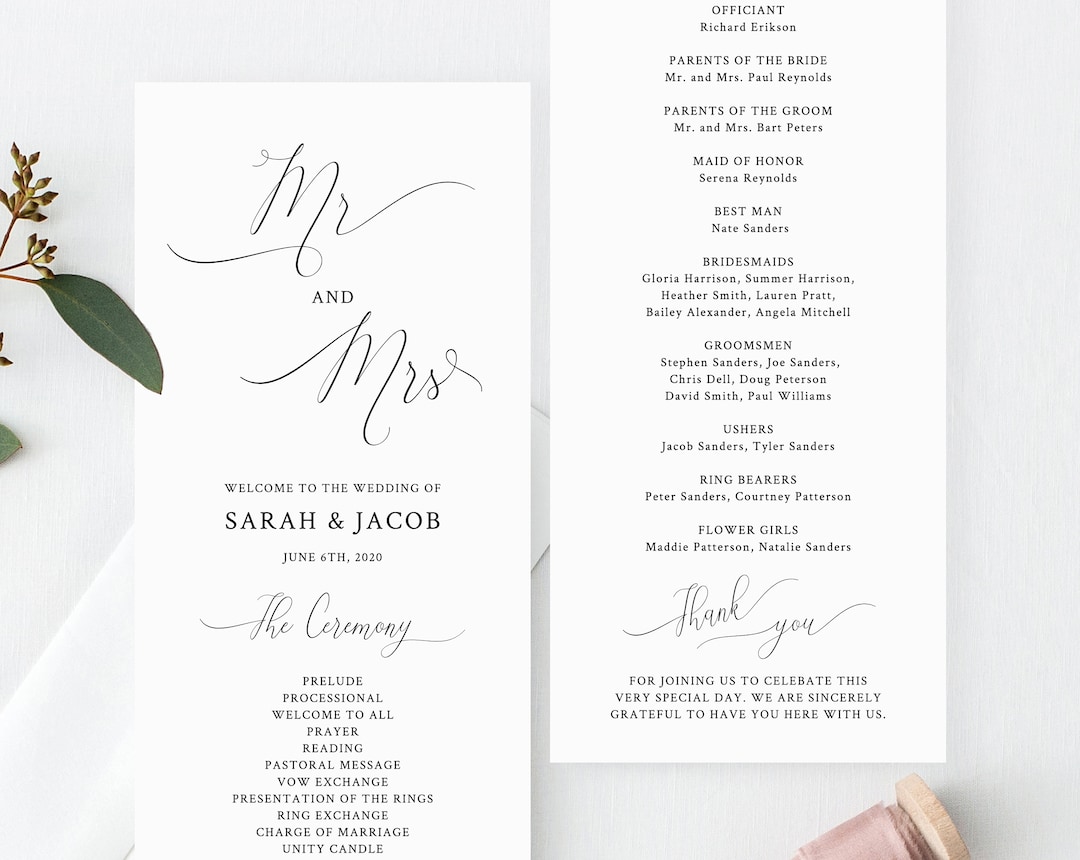 Wedding Program Template, Printable Wedding Program, Mr and Mrs Wedding ...